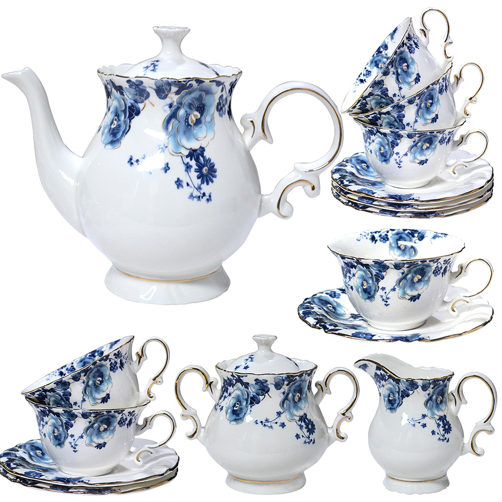 Floral English Tea Set with Rack Porcelain Teapot Set - Teasetbox.com