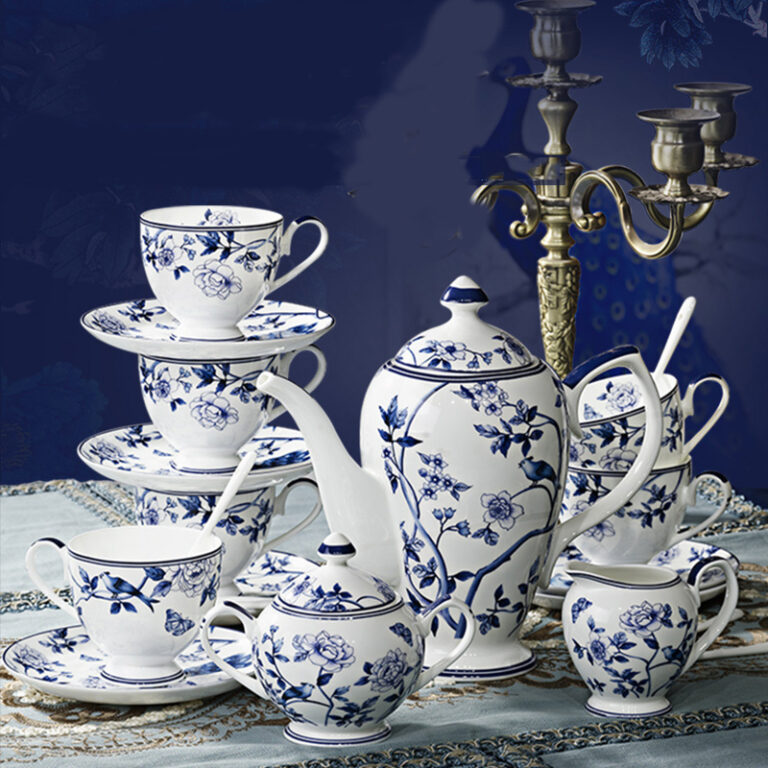 Peacock Blue White Coffee And Tea Set For Afternoon - Teasetbox.com