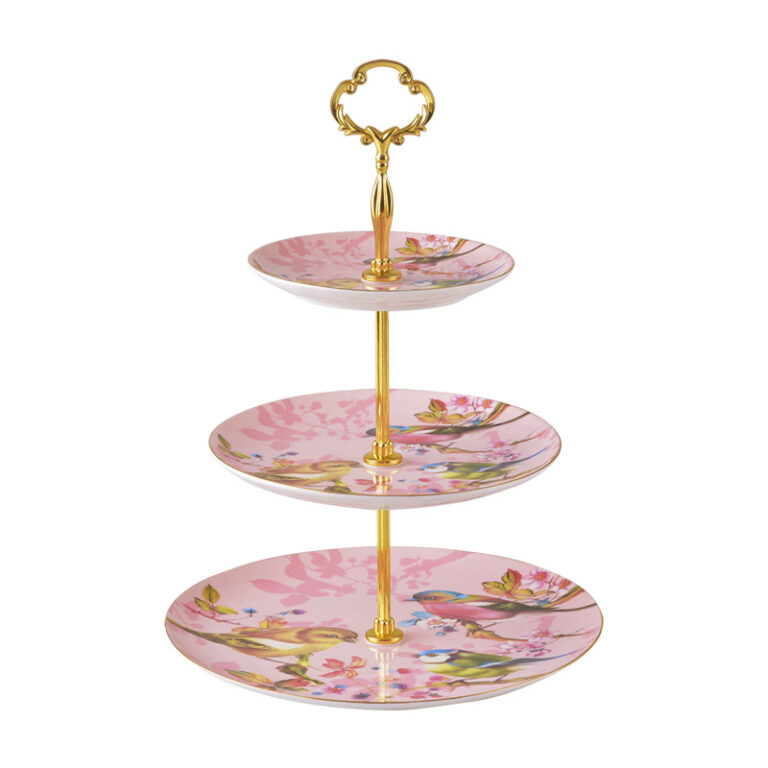 Pink Bird Cake Stand Bone China Tiered Server - Teasetbox.com