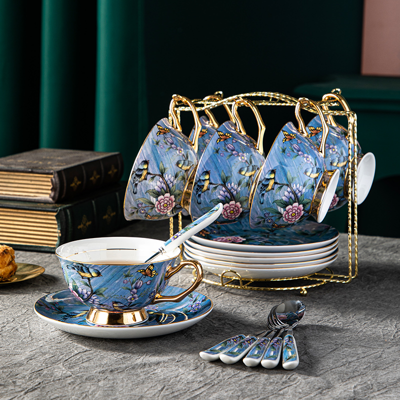 Bird Tea Cup and Saucer Set Bone China Blue - Teasetbox.com