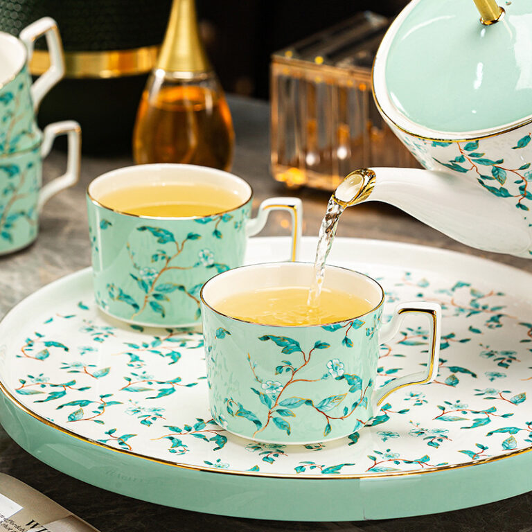 Green Leaf Tea Set Porcelain Teapot Set with Tray - Teasetbox.com