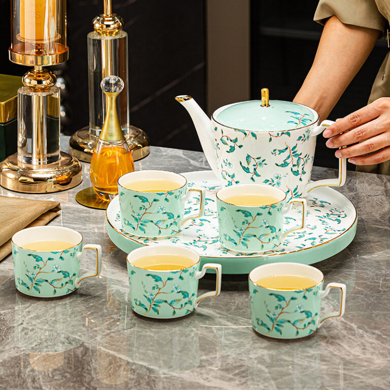 Green Leaf Tea Set Porcelain Teapot Set with Tray - Teasetbox.com