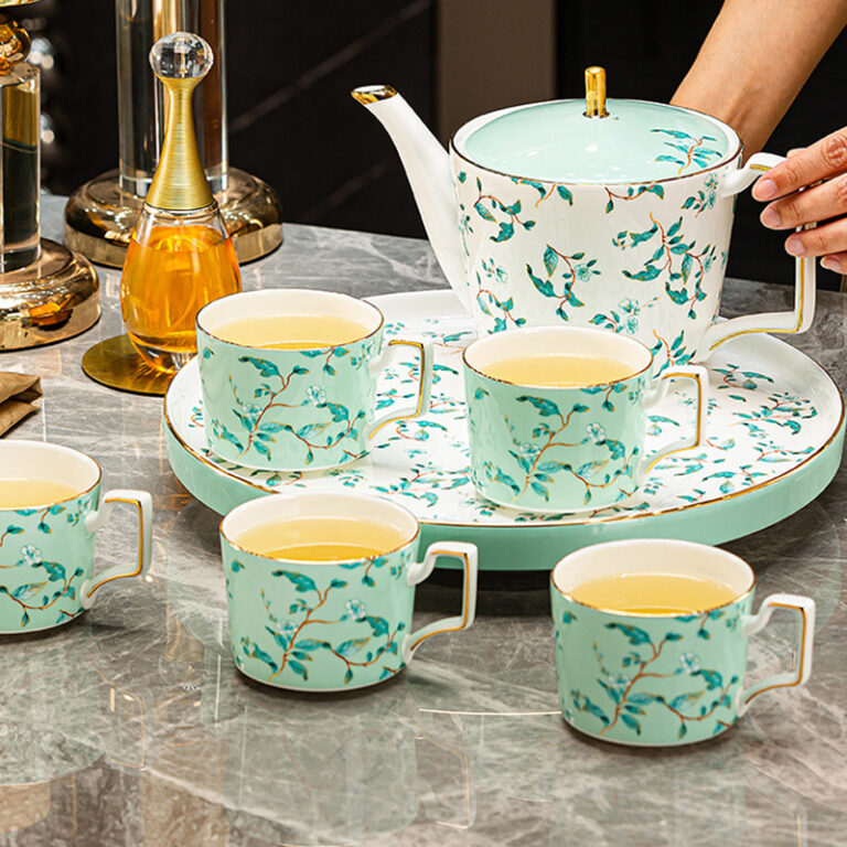 Green Leaf Tea Set Porcelain Teapot Set with Tray - Teasetbox.com