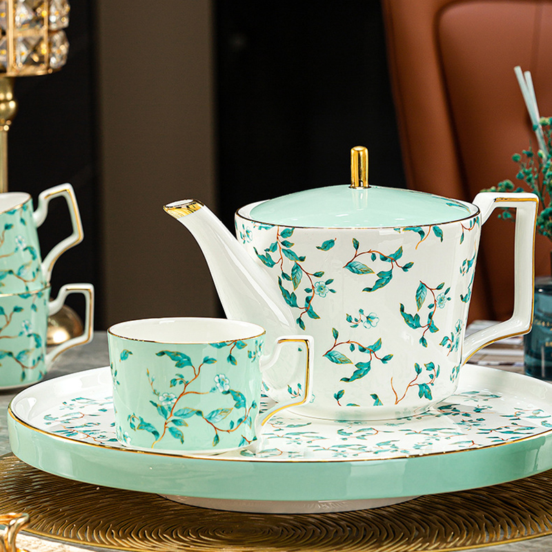 Green Leaf Tea Set Porcelain Teapot Set with Tray - Teasetbox.com