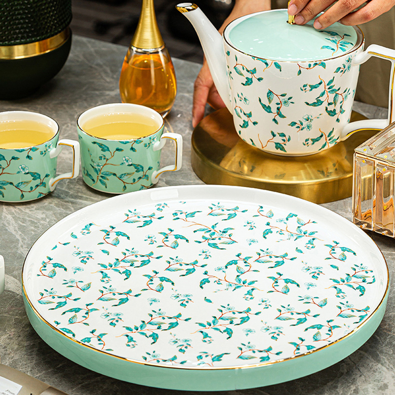 Green Leaf Tea Set Porcelain Teapot Set with Tray - Teasetbox.com