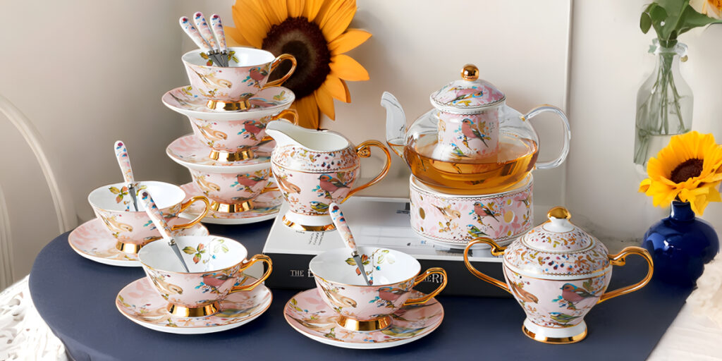 Pink Bird British Tea Set Bone China with Warmer - Teasetbox.com