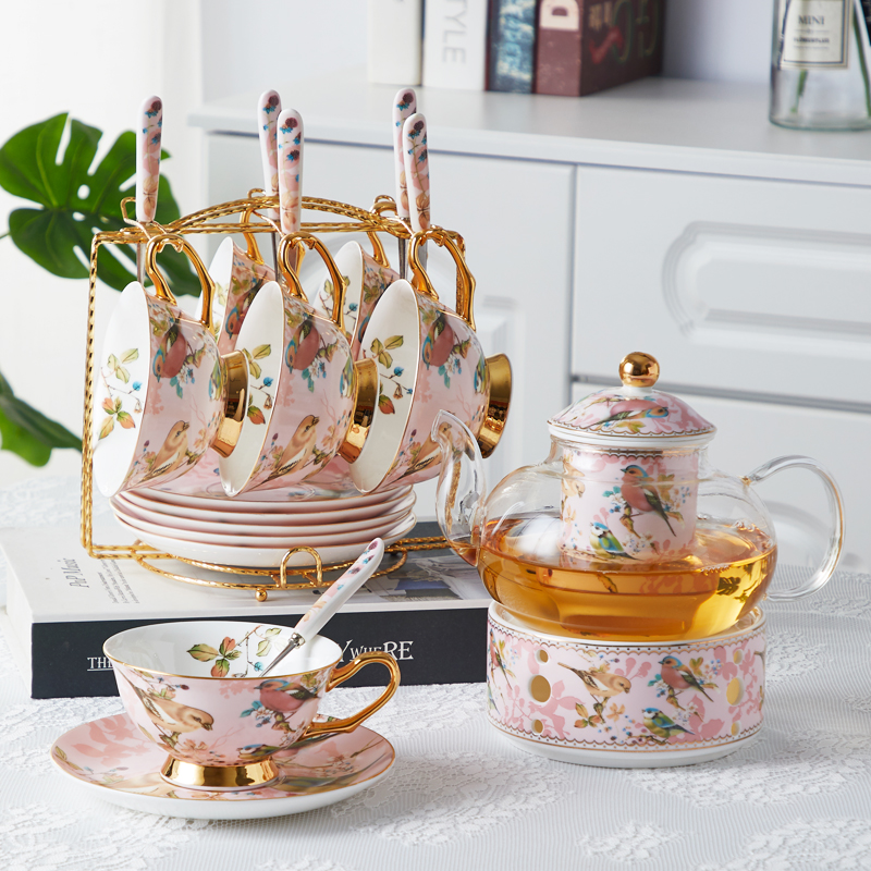 Pink Bird British Tea Set Bone China with Warmer - Teasetbox.com