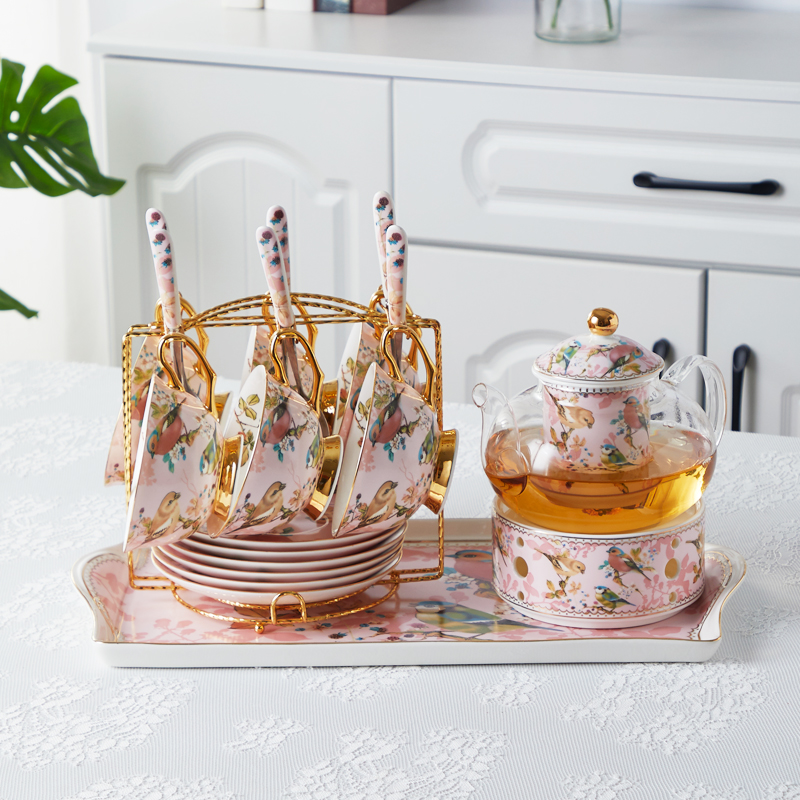 Pink Bird British Tea Set Bone China with Warmer - Teasetbox.com