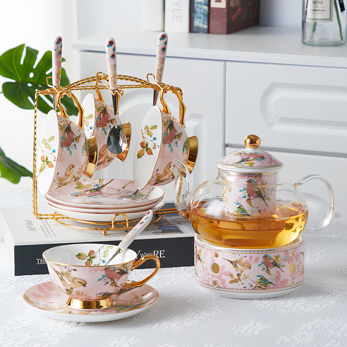 Pink Bird British Tea Set Bone China with Warmer - Teasetbox.com