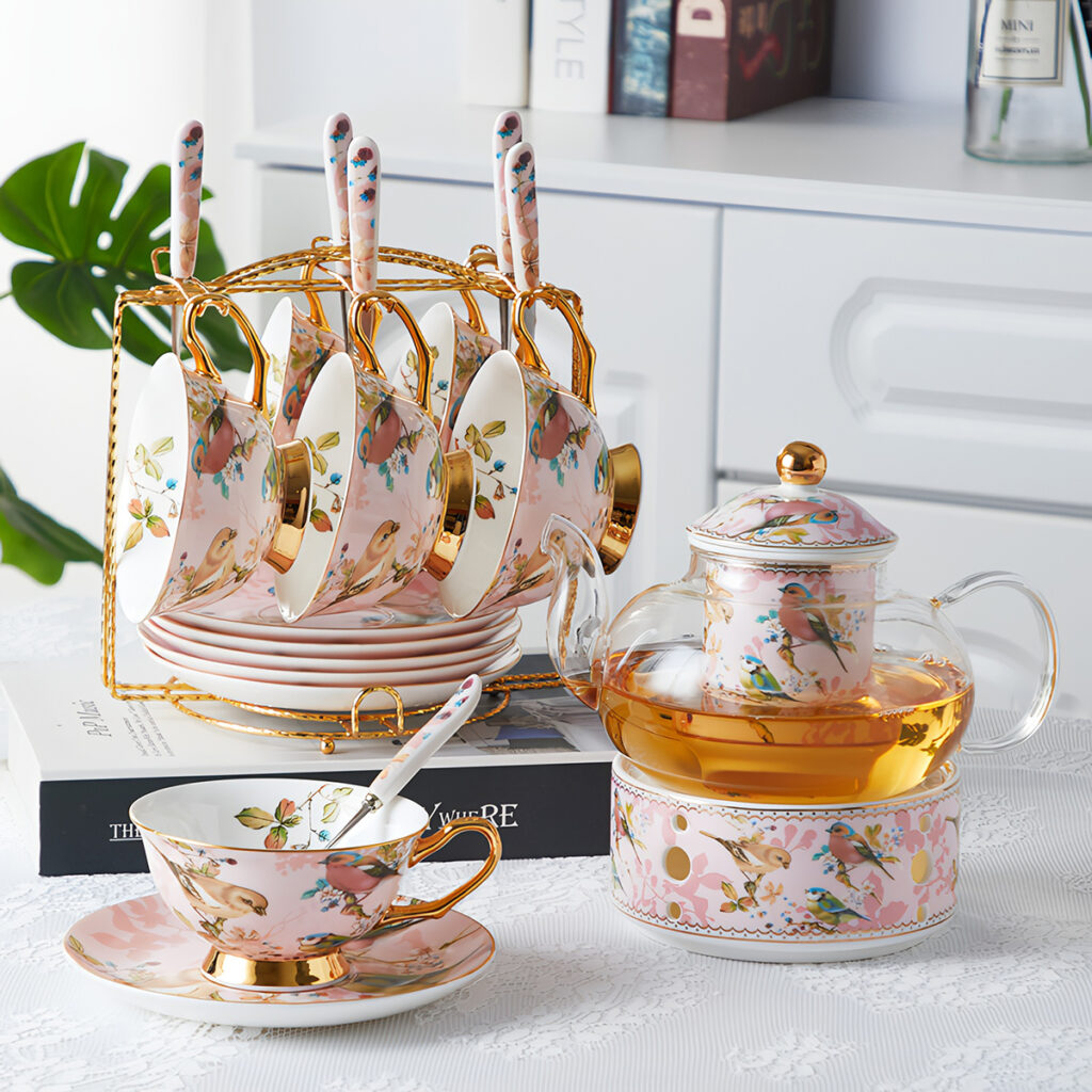 Pink Bird British Tea Set Bone China with Warmer - Teasetbox.com
