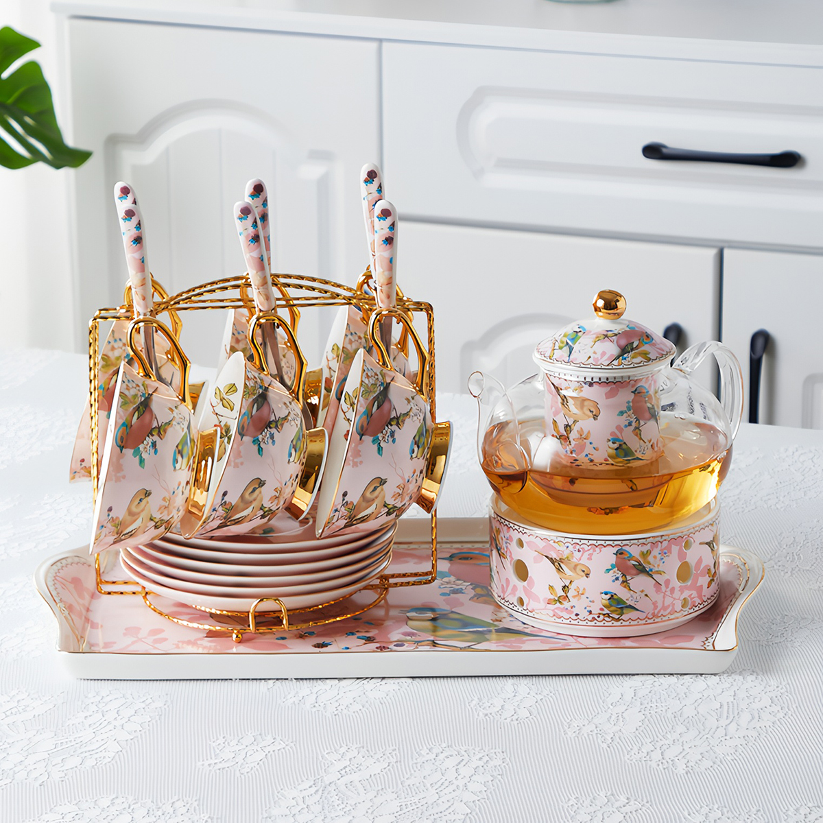 Pink Bird British Tea Set Bone China with Warmer - Teasetbox.com