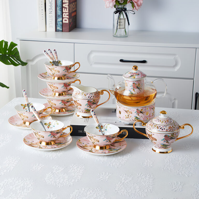 Pink Bird British Tea Set Bone China with Warmer - Teasetbox.com