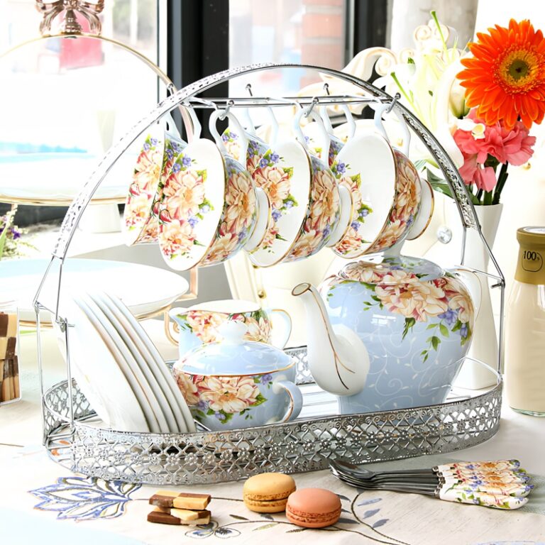 Floral Afternoon Tea Set with Rack Bone China Teapot Set - Teasetbox.com